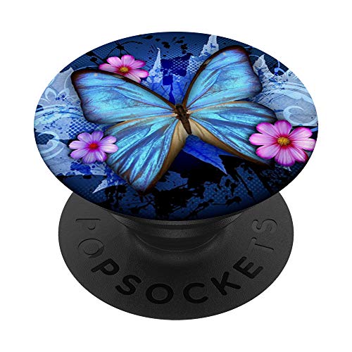 Pretty Blue Butterfly with Pink Flowers PopSockets PopGrip: Swappable Grip for Phones & Tablets