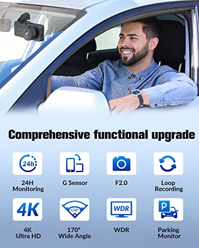 Dash Camera for Cars,4K Car Camera Full UHD Dash Cam Front Rear with Free 32GB SD Card,Built-in Super Night Vision,2.0'' IPS Screen,170°Wide Angle,WDR, Loop Recording, 24H Parking Mode