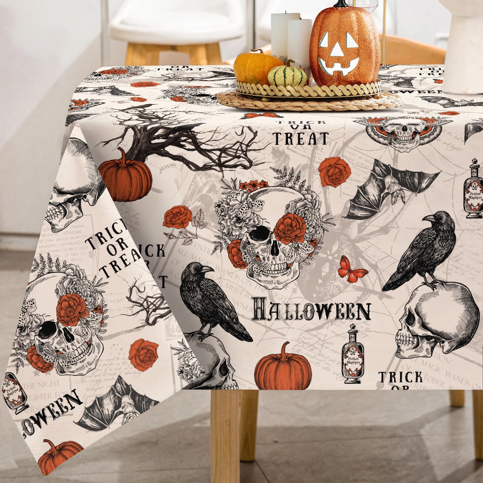 AnyDesign Vintage Halloween Tablecloth Retro Gothic Skull Bat Pumpkin Fabric Table Cloth Washable Trick or Treat Table Cover for Picnic Home Kitchen Party Dining Table Decor, 60 x 104 Inch