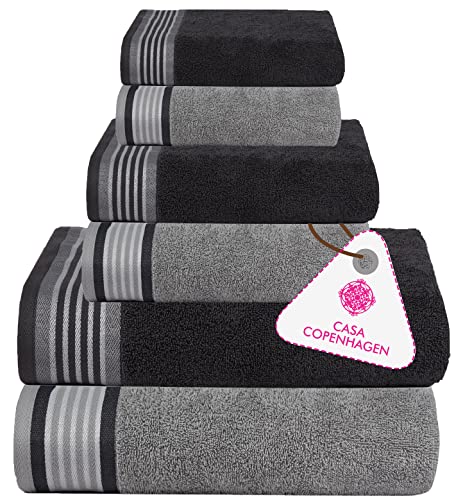 CASA COPENHAGEN Designed in Denmark 550 GSM 2 Large Bath Towels 2 Large Hand Towels 2 Washcloths, Super Soft Egyptian Cotton 6 Towels Set for Bathroom, Kitchen & Shower - Granite Grey & Mirage Grey