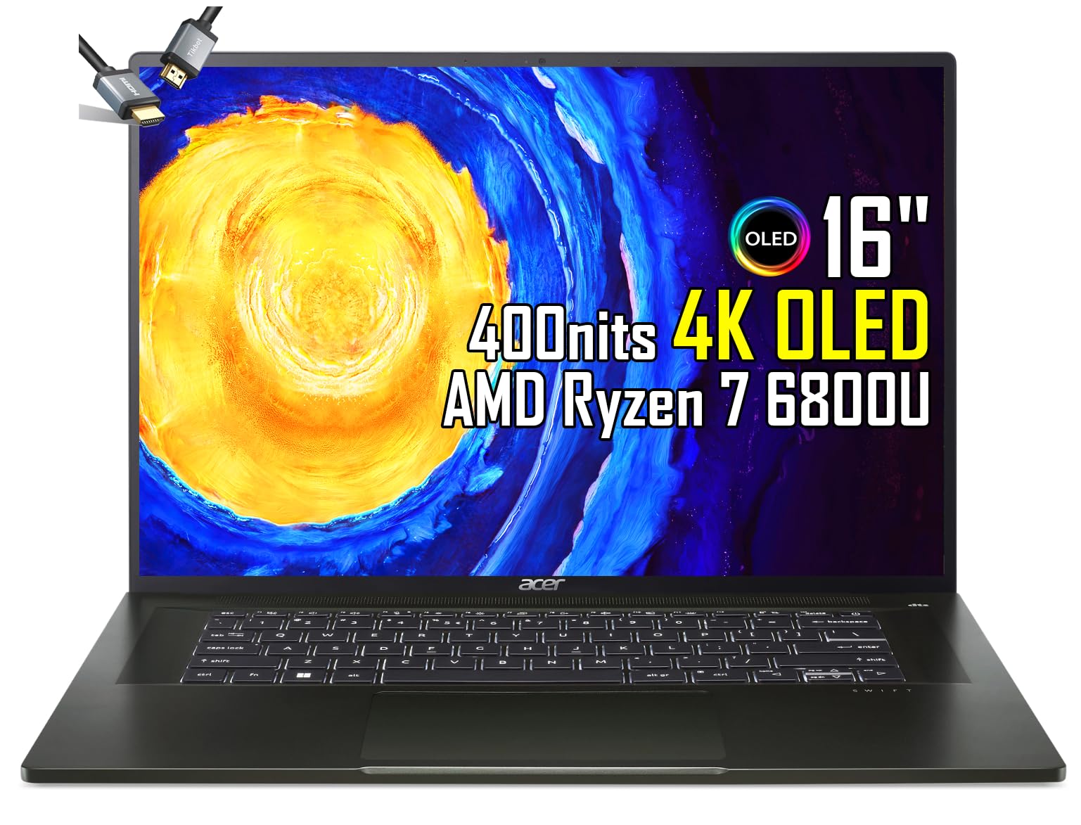 Acer Swift Edge 16" 4K OLED 400 nits Extremely Slim Laptop, 8cores AMD Ryzen7 6800U, Backlit KB, Fingerprint Reader, 100% DCI-P3, Windows11 Pro, w/HDMI (16GB RAM | 2TB SSD)