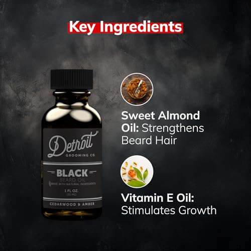 Detroit Grooming Co. Beard Oil – All-Natural, Hydrating Formula with Natural Oils, Vitamin E – Black Beard Oil (Cedarwood & Amber) – 1 oz (Black)