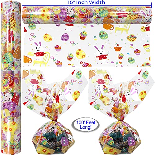 AnapoliZ Easter Eggs Cellophane Wrap Roll | 100’ Ft. Long X 16” In. Wide | 2.3 Mil Thick, Crystal Clear Design | Easter Bunny Cello Wrapping Paper, Treats, Baskets, Gifts |