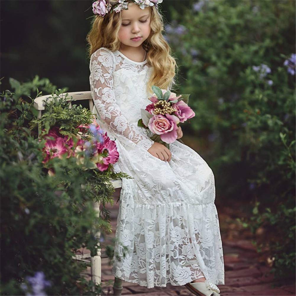 Toddler Flower Girl Fancy Ivory White Lace Boho Long Sleeve Full Length Slim Maxi Princess Dresses 4T