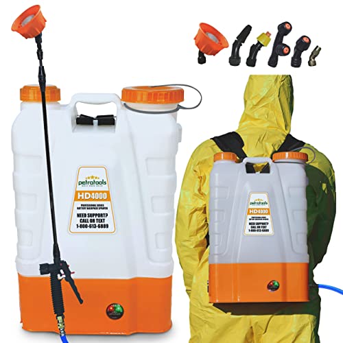 PetraTools 4 Gallon Battery Powered Backpack Sprayer (HD4000) – Extended Spray Time Long-Life Battery - New HD Wand Included, Wide Mouth Lid, Multiple Nozzles & Battery Included