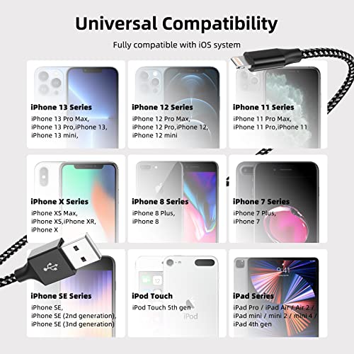 Apple MFi Certified Lightning Cable 3 Pack 10 FT,Nylon Braided iPhone Charger Fast Charging iPhone Charger Cord Super Long Compatible with iPhone 13 12 11 Pro Max XR XS X 8 7 6 Plus SE iPad and More