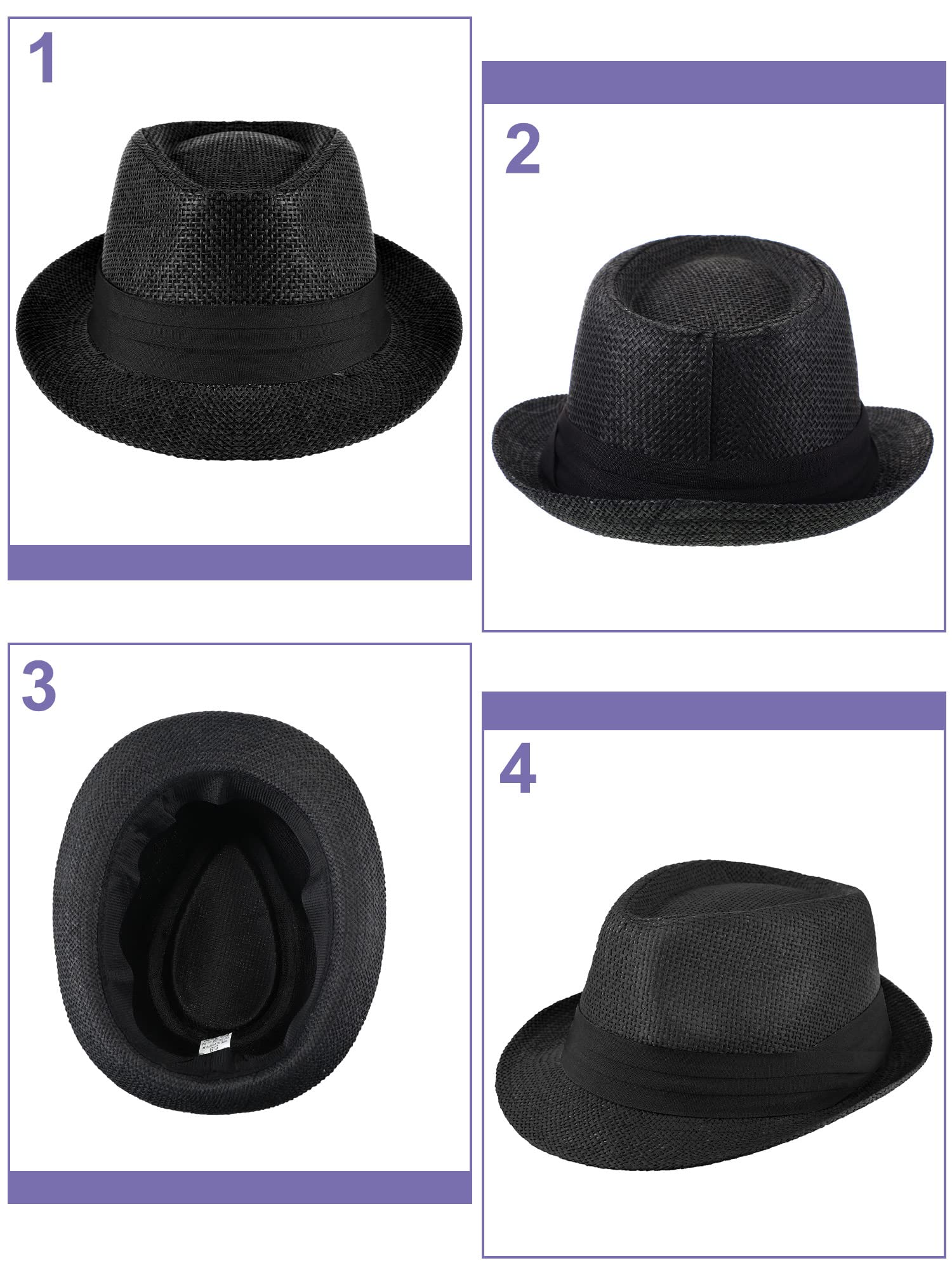 4 Pieces Straw Hats for Men Women Summer Panama Short Brim Hat with Black Band (Retro Style)