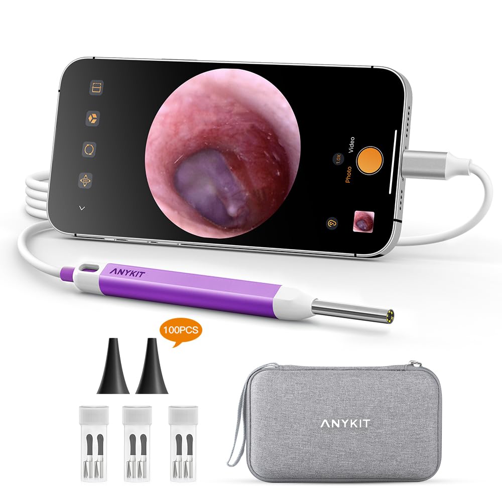 Anykit Digital Otoscope with Gyroscope, HD Ultra Clear View Ear Camera with Ear Wax Removal Tools, Video Ear Scope Otoscope with Light, Compatible with Android, iPhone 15 (Silver)
