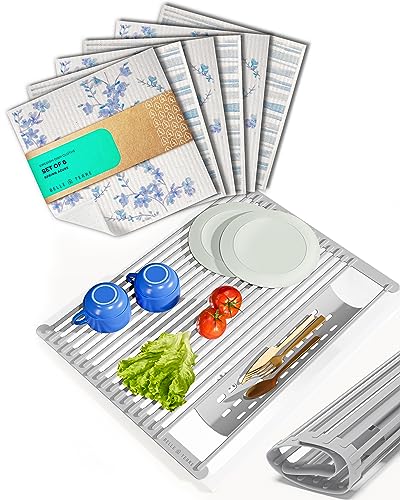 BELLE TERRE Roll-Up Dish Drying Rack & Swedish Dish Cloth Set - Space-Saving Sink Rack (20.5" x 15.5") with Utensil Tray & Reusable Absorbent Cloths - Solid Steel Construction & Cellulose Material