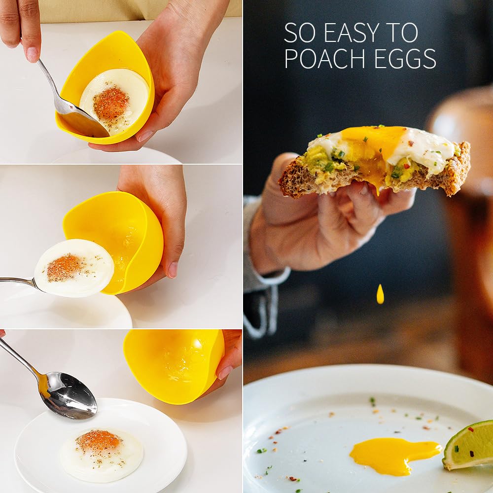 Mikim Egg Poachers Silicone Egg Poacher Cups with Ring Standers, Nonstick Egg Poaching Cups Poached Egg for Stovetop Air Fryer, BPA Free Egg Cooking Cups with Extra Oil Brush, 4 Pack