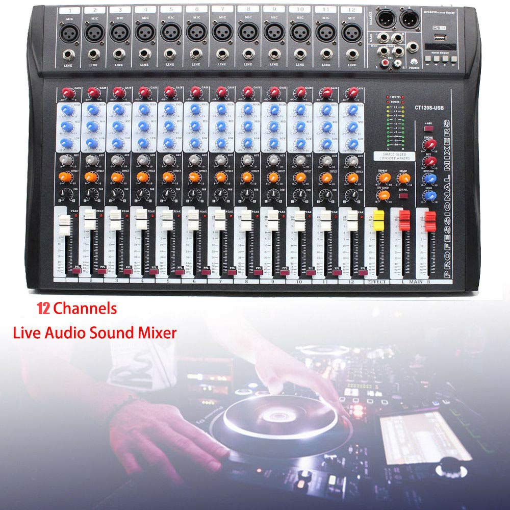 Bluetooth Studio Audio Mixer Sound Mixing Console Desk System Interface w/USB Drive for PC Recording Input AC 110V for Professional and Beginners Recording Function (12 Channel)