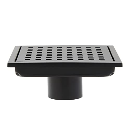 5.8-Inch Stainless Steel Square Shower Drain Cover for Bathrooms, Showers, and Sinks, Replacement Floor Drain with 2 Inch (50mm) Bottom Outlet for Renovations and New Construction (Matte Black)
