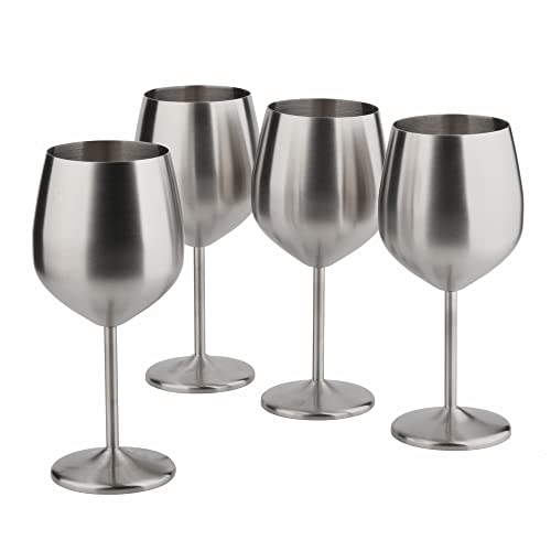 ARORA Stainless Steel Wine Glass 18oz - Set of 4 Matte Silver - 3.6" D x 8.3" H, Large (851005)