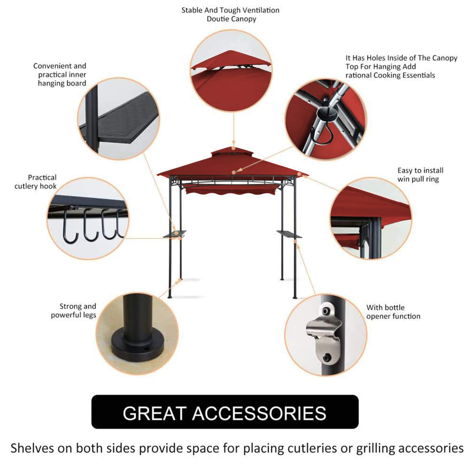 CHARMELEON Dark Grey Grill Gazebo, Double Tiered BBQ Gazebo, 5x8 Grill Canopy,Outdoor BBQ Canopy Tent with Stretchable Side Awning
