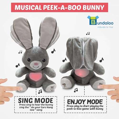 Bundaloo Plush Peek-A-Boo Bunny Animated Singing Play Along Stuffed Animal for Kids - Plays Games and Sings Songs (Peek-A-Boo Bunny)