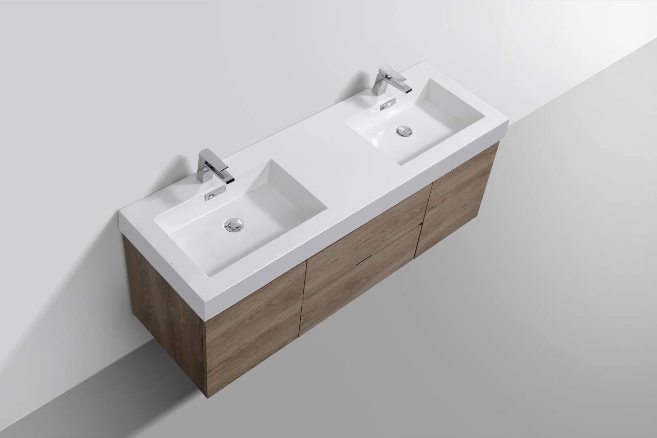 Bliss 60" Double Sink Butternut Wall Mount Modern Bathroom Vanity