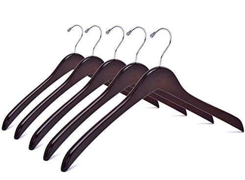 Quality Wooden Curved Coat Hangers, Suit Hangers, Smooth Solid Wood Pants Hangers, Swivel Hook, Coat, Jacket, (Walnut - Chrome Hook, 5)
