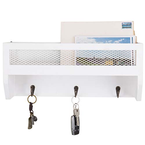 MyGift 16-inch Country Rustic White Wood & Metal Wall-Mounted Storage Wire Mesh Basket Rack w/Key Hooks