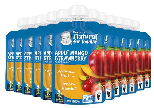 Gerber Baby Food Pouches, Toddler 12+ Months, Apple Mango Strawberry, 3.5 Ounce (Pack of 12)