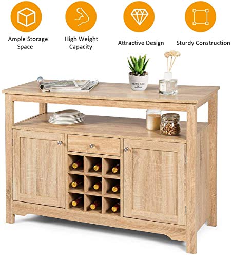 ReunionG Buffet Sideboard, Wine Console Table, Wooden Kitchen Organizer w/2 Cabinets, 1 Drawer and 9 Wine Cabinets, Farmhouse Storage Cupboard, Wine Rack, Server Table, Dining Room Furniture (Natural)