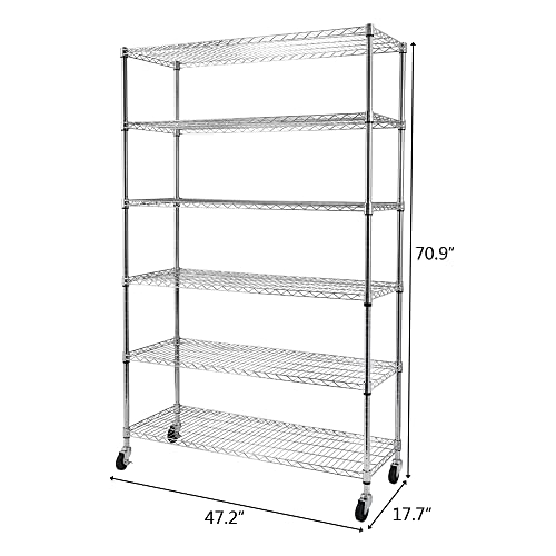 47.24 "L × 17.72 "W × 70.87 "H Wire Shelf Unit Storage Car Metal Shelf Rolling Utility Car, 6-Layer Caster Adjustable Layer Rack Restaurant Garage Pantry Kitchen