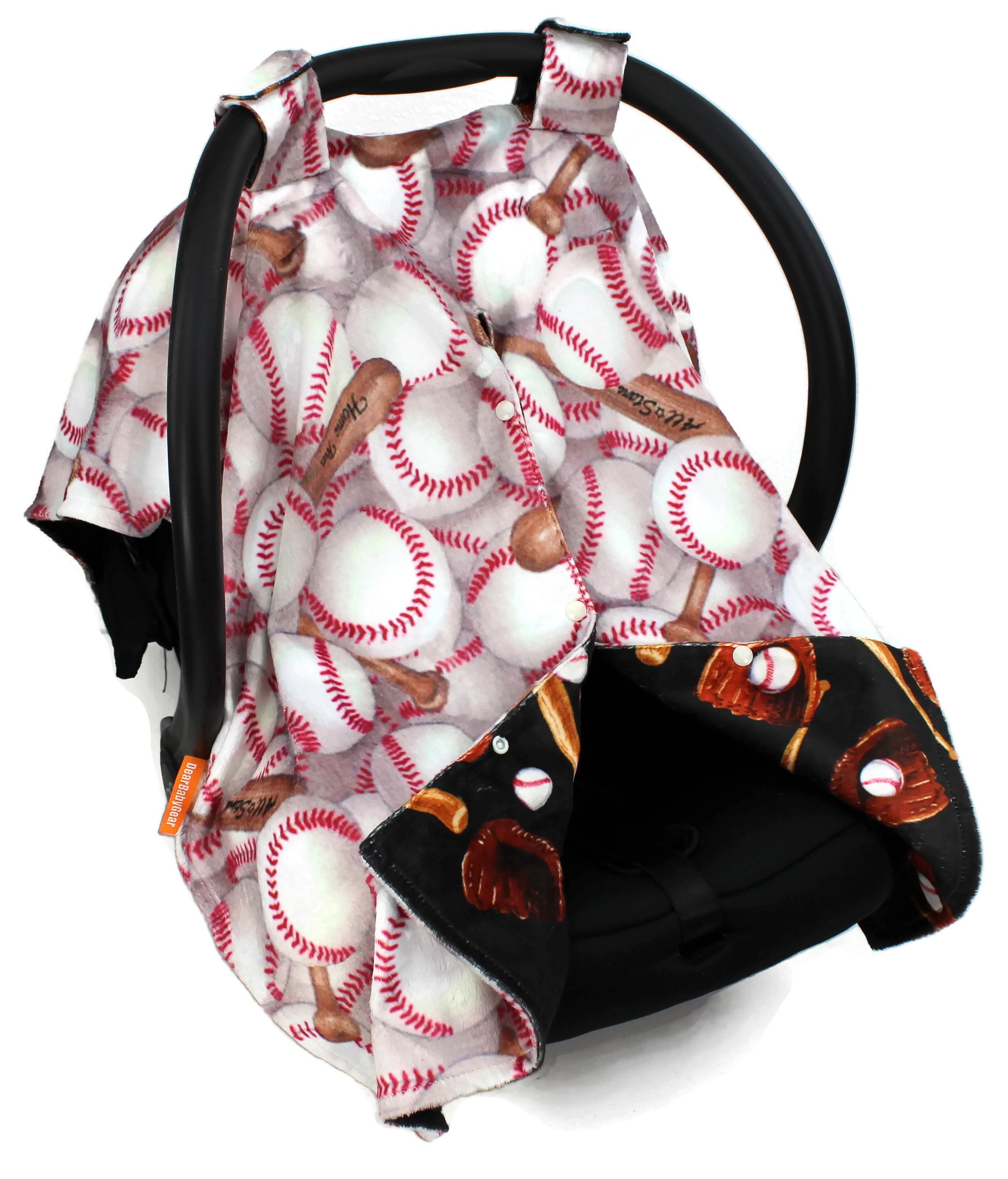 Dear Baby Gear Deluxe Reversible Car Seat Canopy, Custom Minky Print, Baseball Bat Glove