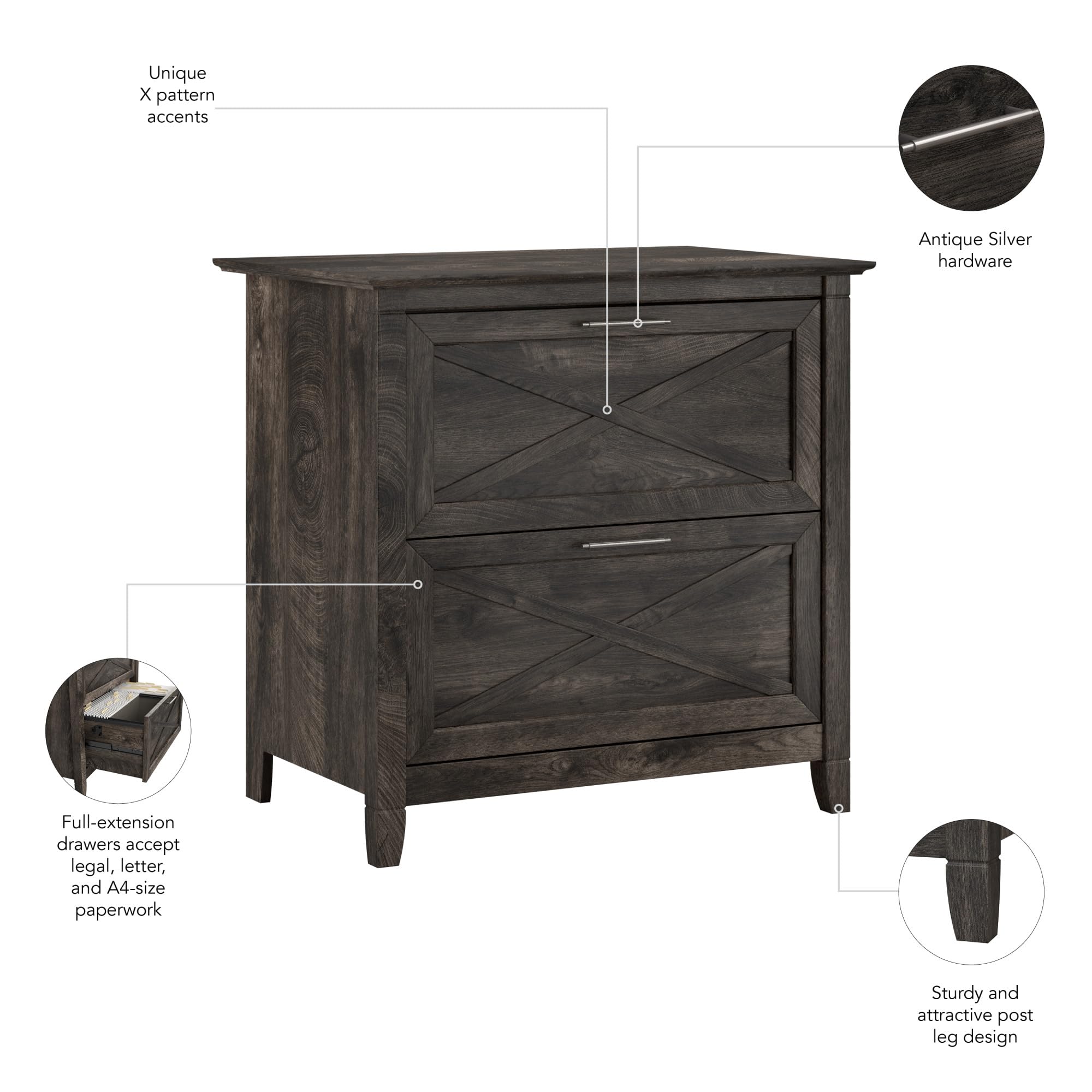 Bush Furniture Key West 2 Drawer Lateral File Cabinet in Dark Gray Hickory | Document Storage for Home Office | Accent Chest with Drawers