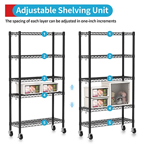 Hodonas 5-Tier Storage Shelves with Wheels, Freestanding Metal Shelves for Storage Wire Shelving Unit Storage Shelf, Metal Shelving Rack for Pantry Garage Kitchen Storage, Black, 36"W x 14"D x 75"H …