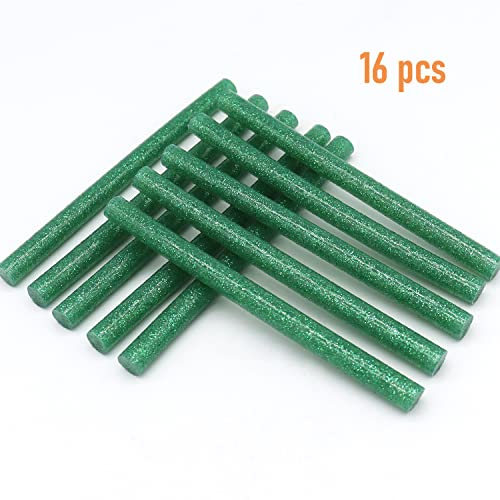 FOCMKEAS 16 PCS Mini Hot Glue Sticks 0.27" Dia. x 3.94" Long Hot Melt Glue Gun Sticks All Purpose Adhesive for Multi-Temp Hot Glue Gun Glue DIY Work, Glitter Green