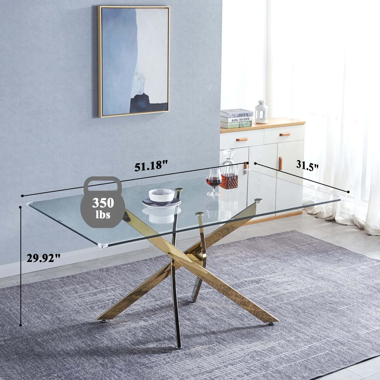 47β Round Dining Table for 4, 0.39" Tempered Glass Dining Table, Small Dining Table with Gold Stainless Steel Base, Round Clear Kitchen Table Writing Table Desk for Dining Kitchen