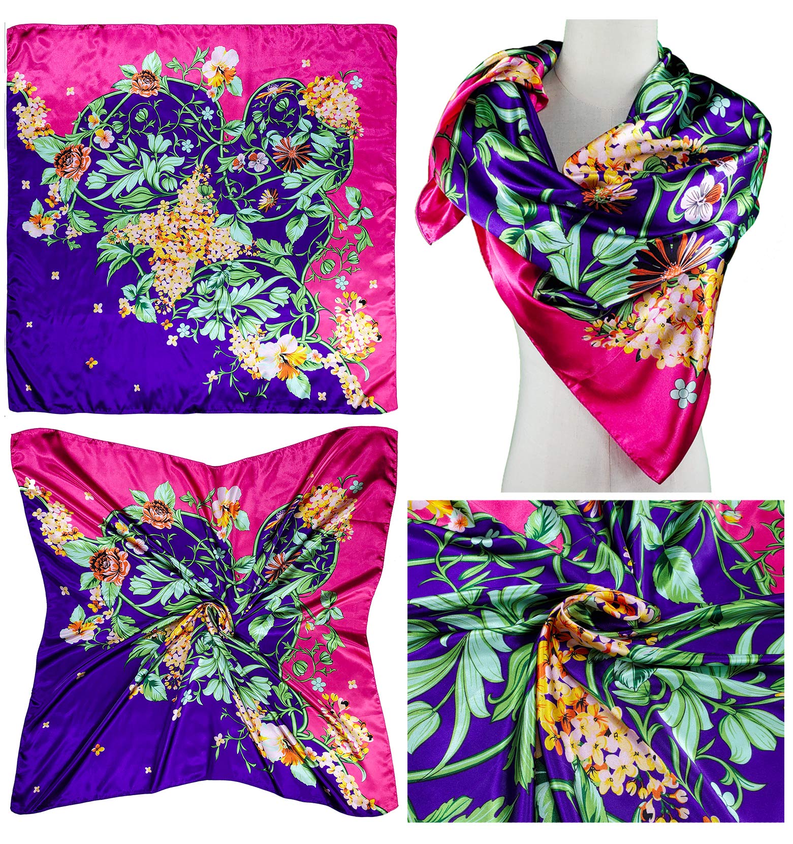 4 Pc Set Large 35 x 35 inches Satin Square Scarves Neck Hair Head Scarf Bundle (Set A)