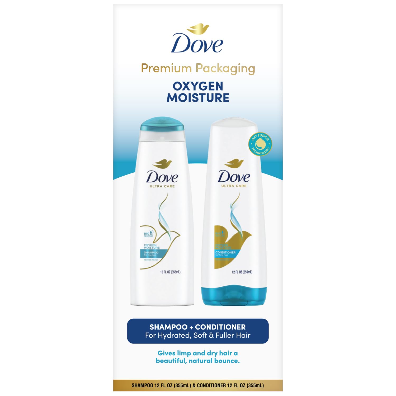 Dove Shampoo and Conditioner Set, Oxygen Moisture – Volumizing Hair Treatment for Fine Hair, 12 Oz Ea