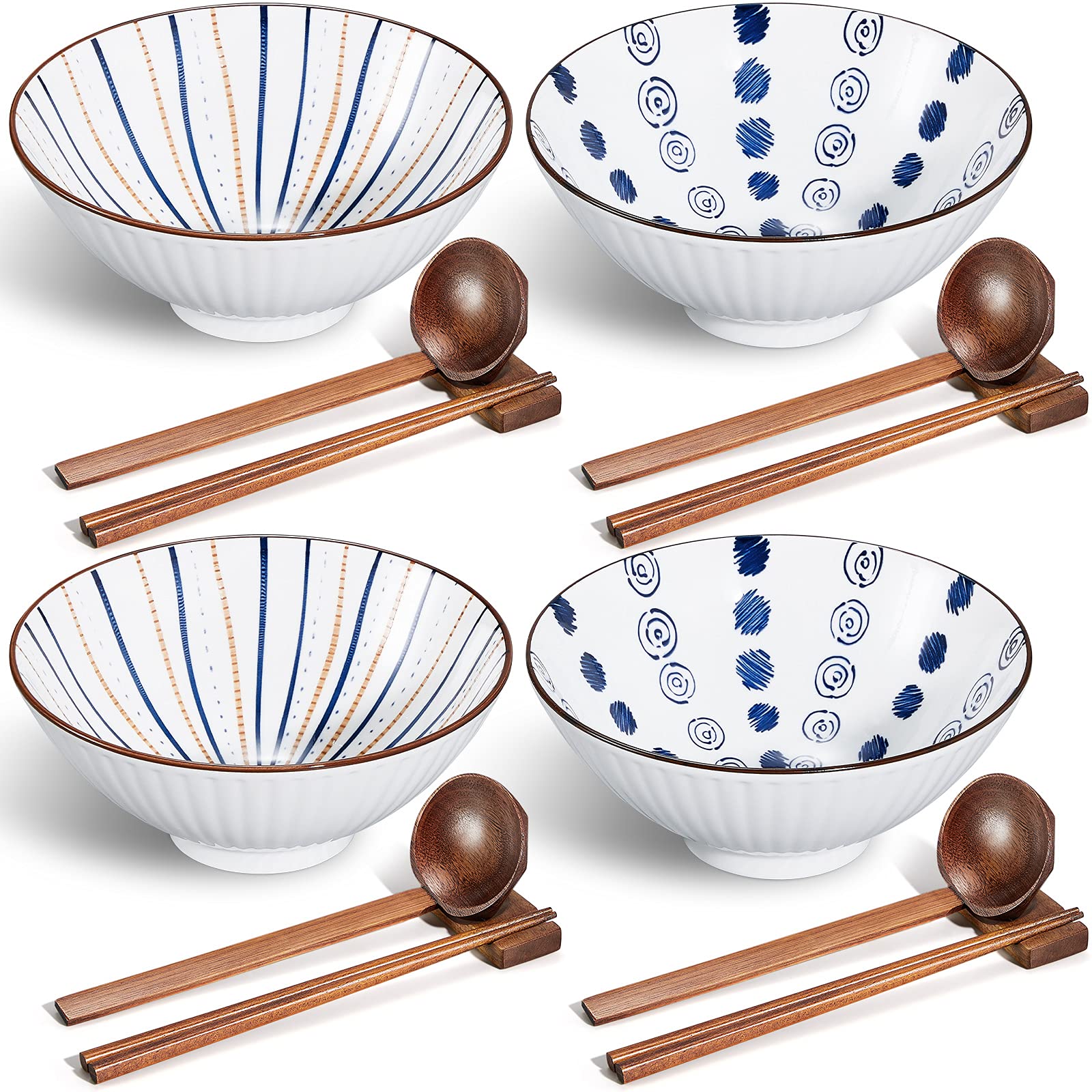 4 Sets Ceramic Japanese Ramen Bowls 40 Ounce Large Ceramic Noodle Serving Bowl with Spoons, Chopsticks and Chopstick Stands for Soup, Cereal, Rice, Udon, Asian Noodles, Blue and White (Stripe Style)