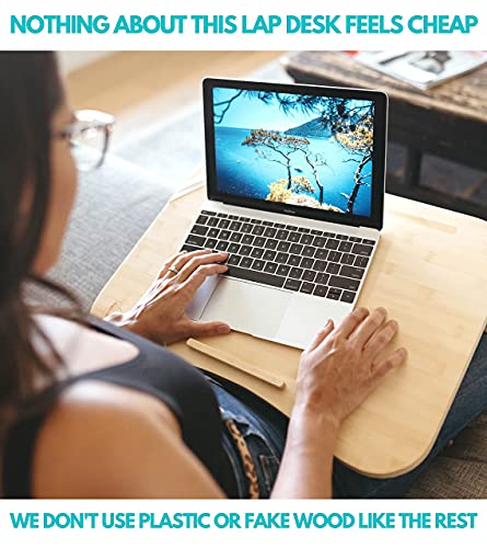 Hultzzzy Bamboo Lap Desk Tray Table for 17" Laptops for Adults with Ipad and Tablet Stand and Foam Pillow for Bed, Couch, and Recliner
