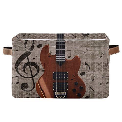 AUUXVA Storage Basket Vintage Music Guitar Storage Cube Box Durable Canvas Collapsible Toy Basket Organizer Bin with Handles for Shelf Closet Bedroom Home Office