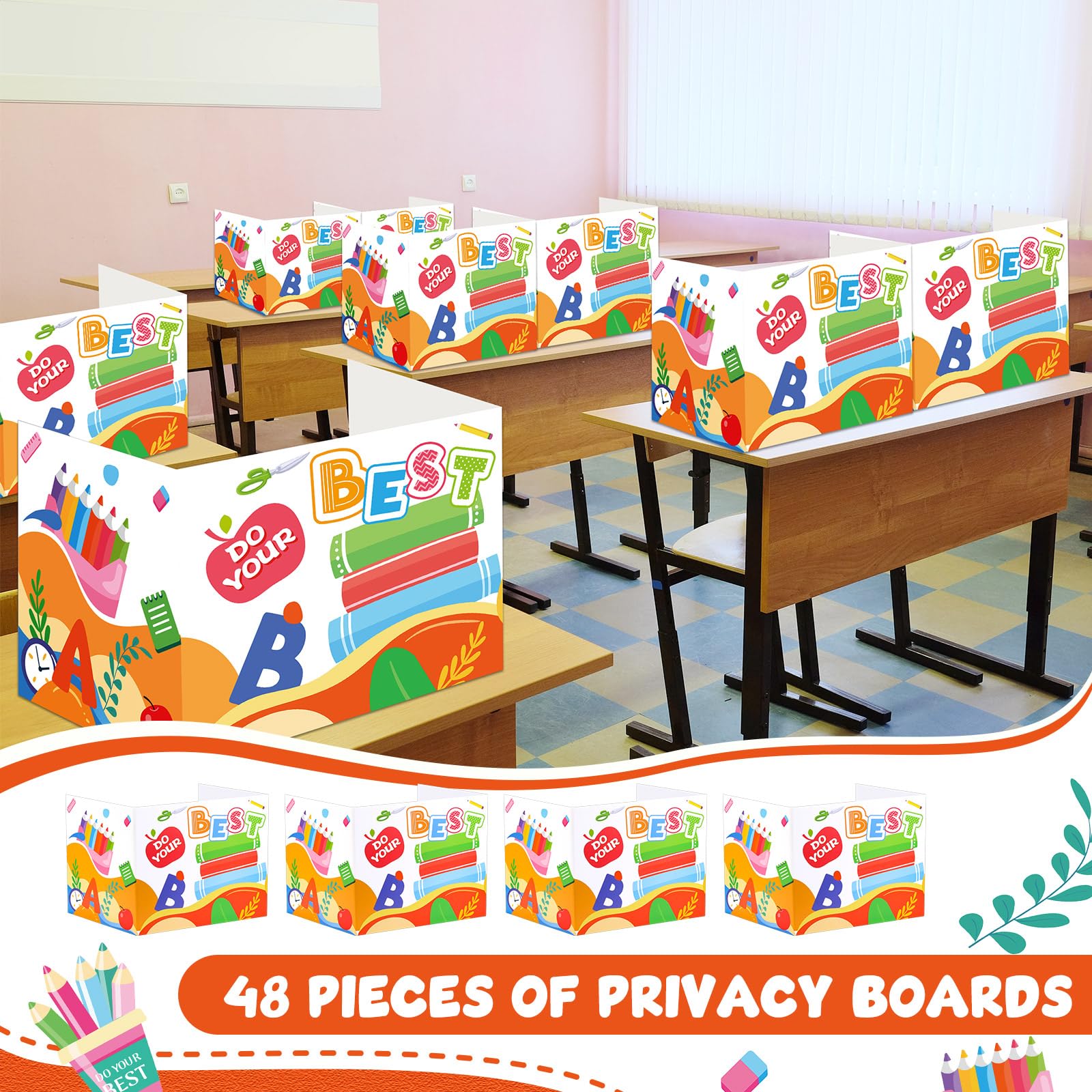 48 Pack Privacy Boards for Students Classroom Shields Cardboard Desk Dividers Trifold Test Privacy Folders Desk Partition Panel with Motivational Messages for Home School Supplies (Stylish Style)