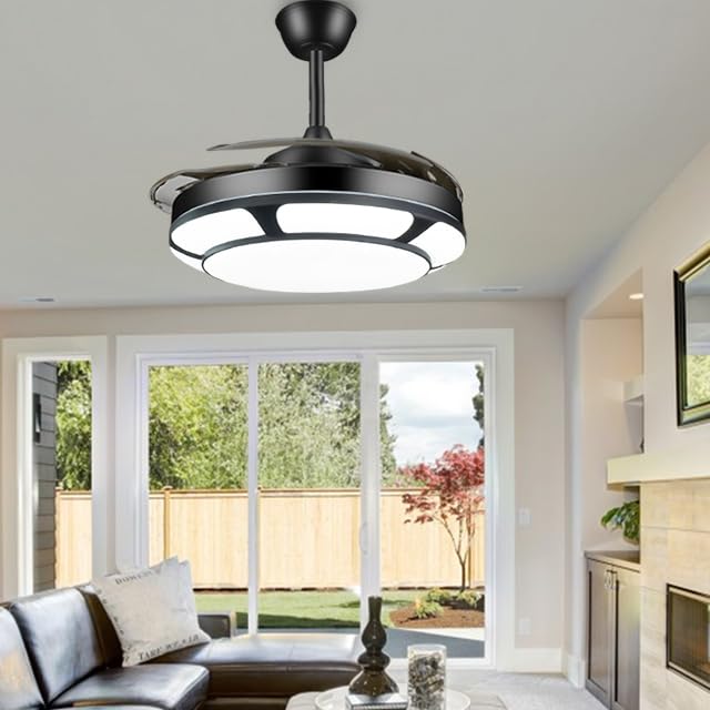 42 in Ceiling Fan,Retractable Ceiling Fans with Lights Remote Control,Ceiling Fans with Bladeless,Enclosed Fan with Dimmable Light,3 Color Ceiling Fan Light,Silent Fan Noiseless DC Motor (Black)