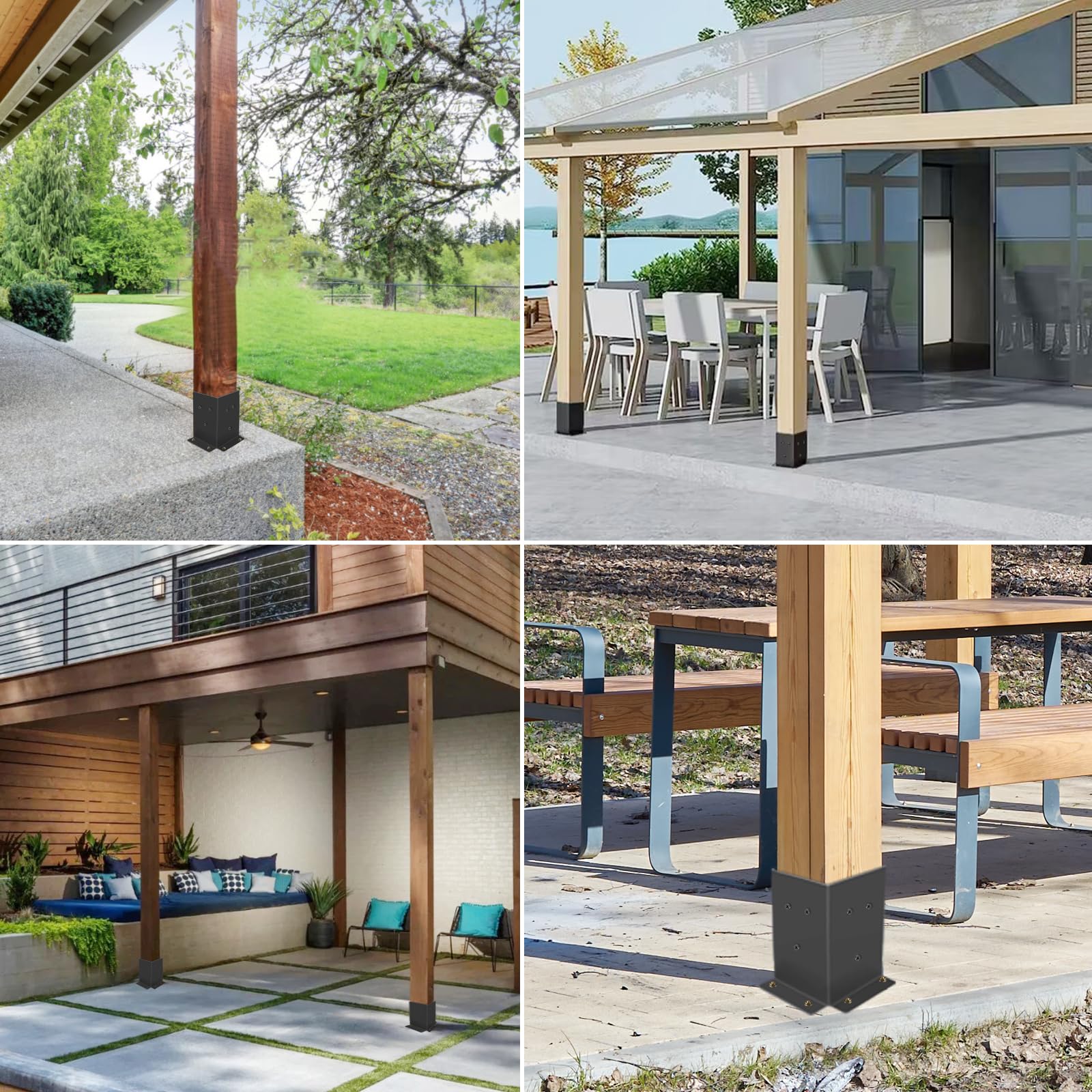 4x4 Post Base 4 Pcs, (Inner Size 3.6x3.6) Post Anchors, 13GA Thick Solid Steel & Black Powder Coated,Deck Post Brackets Support Deck Base Plate Pergola Brackets Fence Kit Mailbox Mount