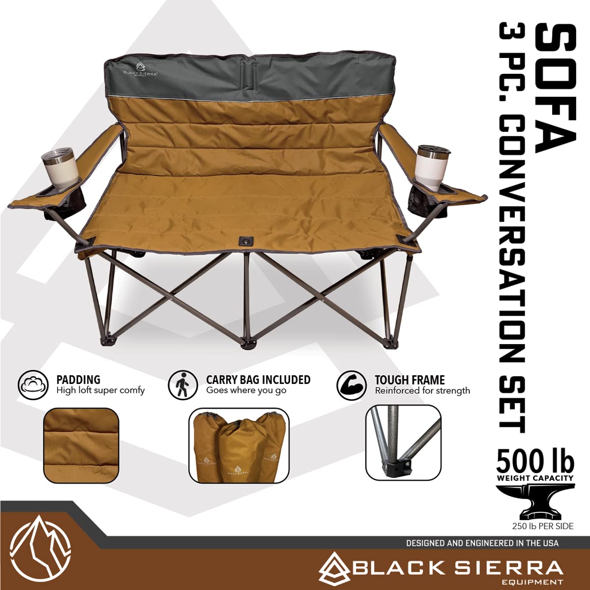 3 Piece Campfire Conversation Set for Camping, Patio, Hunting, Beach, Outdoor- Camping Folding Padded Loveseat with Deluxe Comfort Chairs- Set- Folding Set for Festivals, Beach, Camping