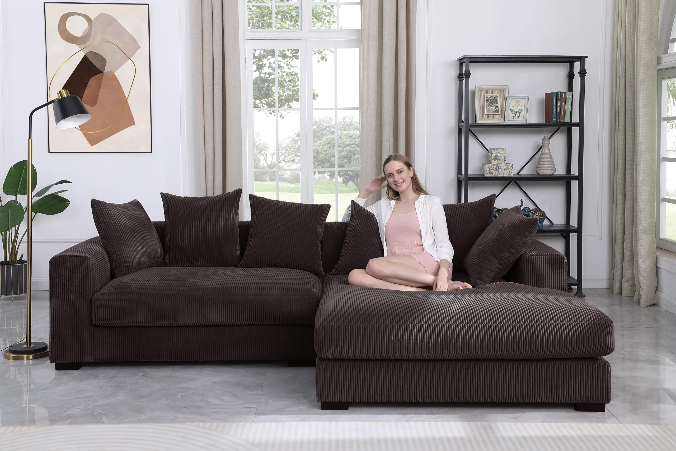 Acosure 110" Modern L-shaped Sectional Sofa with Big Chaise,Upholstered Sleeper Couch W/ 6 Throw Pillows & Generously Armrests,Easy Assembly,Spacious Loveseat for Living Room Apartment Home,Dark Brown