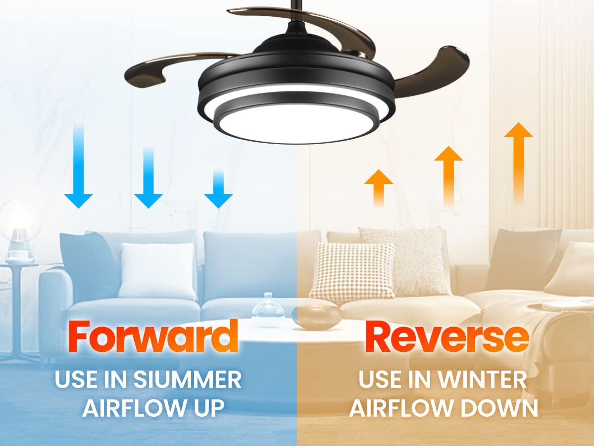 42 Inch Black Modern Ceiling Fan with Lights and Remote Retractable Fandelier Ceiling Fan 6 Speed Dimmable Memory LED Ceiling Fan Silent Reversible APP Control Smart Ceiling Fan for Bedroom Kitchen