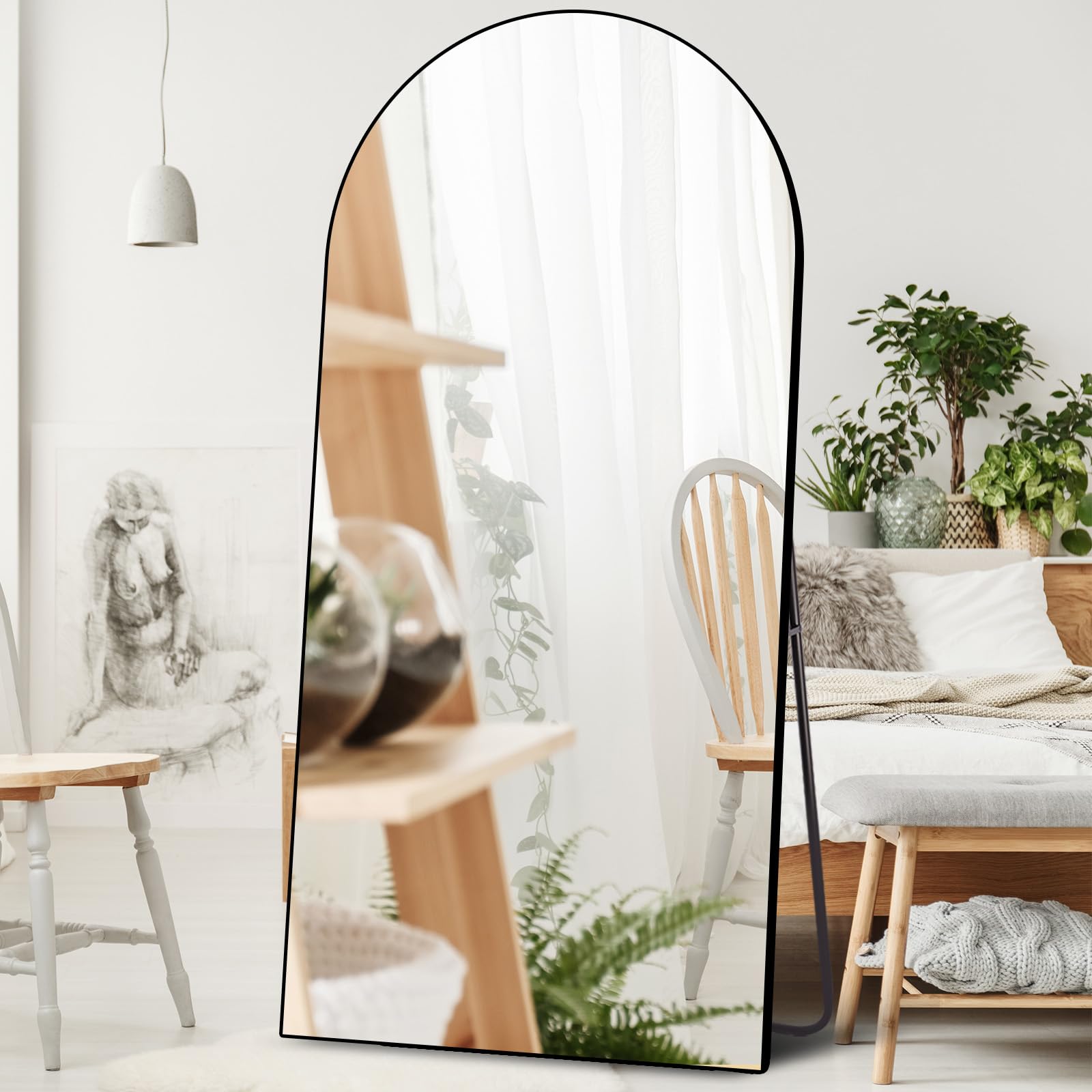 ABSWHLM 71"x32" Mirror Full Length Arched Floor Mirror with Stand Aluminum Alloy Frame Large Mirror for Living Room, Bedroom Hanging Standing or Leaning Wall-Mounted, Black