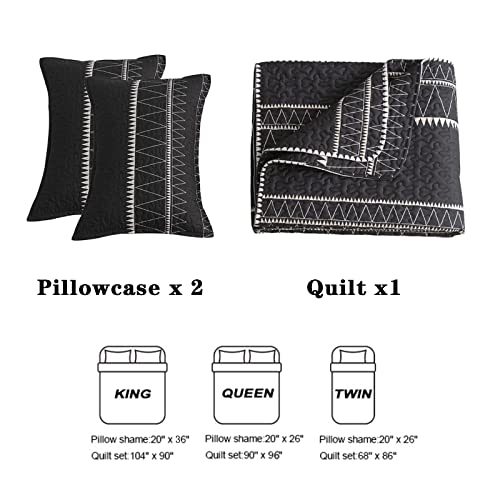 Homuno Black Quilt Set Queen Size 3-Piece Set (90 x 96 Inches), Bohemian Style All-Season Lightweight Reversible Microfiber Bedspread Set (1 Piece Quilt Set, 2 Pieces Pillowcase)