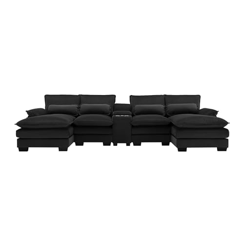 Acosure 123" L Modern U-Shaped Sofa with Double Cushions & 4 Waist Pillows,6-seat Upholstered Symmetrical Sleeper Couch Set W/Chaise & Console,Cupholders & USB Ports,for Living Room,Apartment,Black