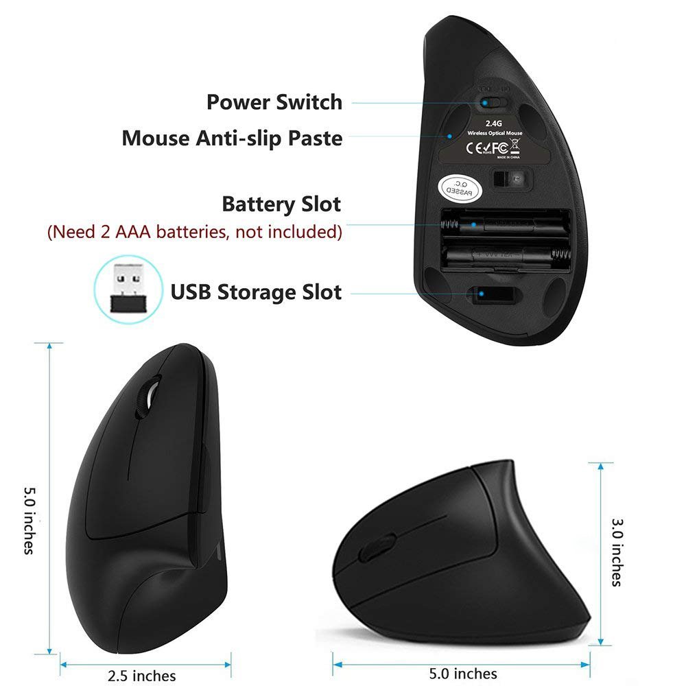 Lekvey Left Handed Mouse, Wireless 2.4 GHz USB Lefty Left Hand Ergonomic Vertical Mouse, Less Noise - Black