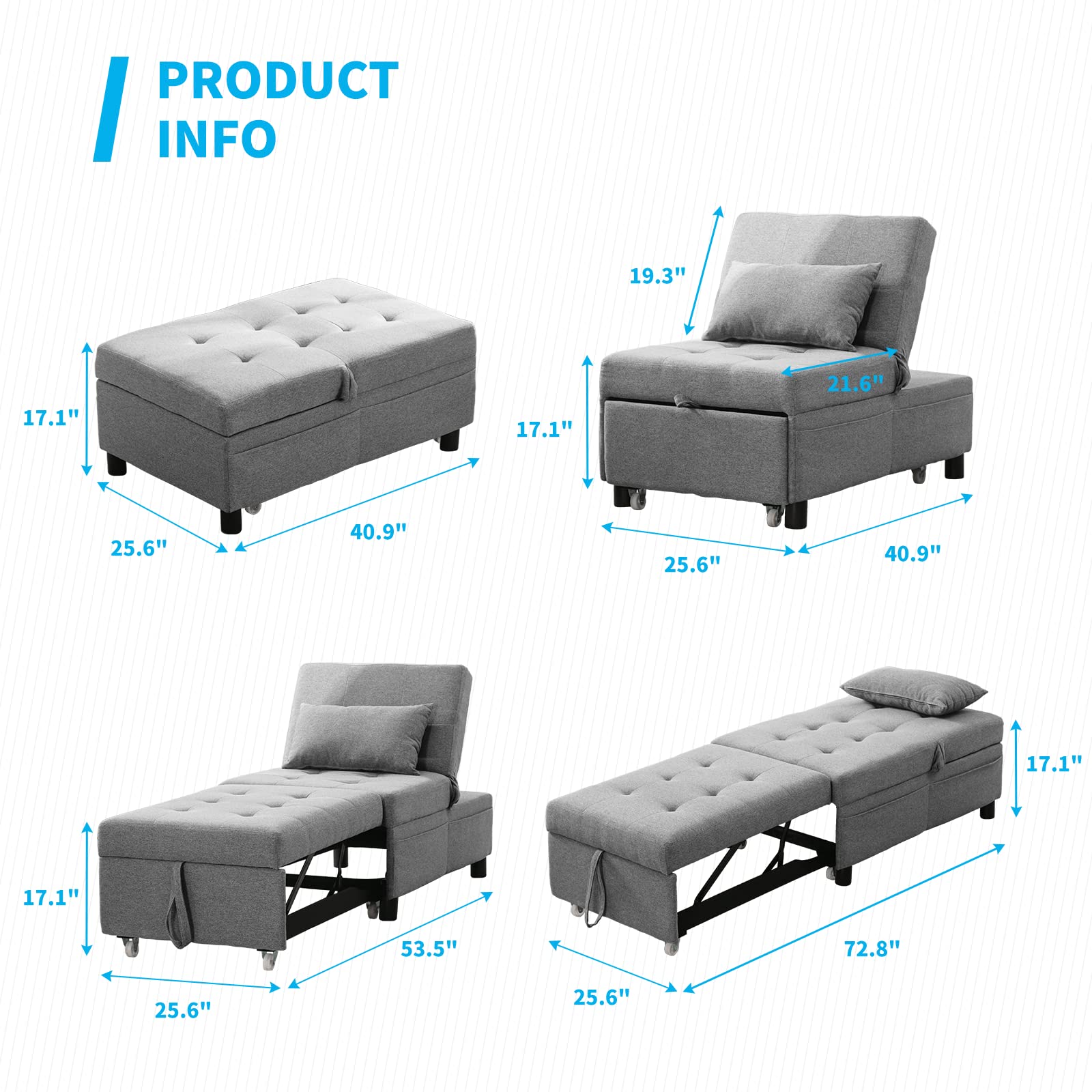 Mjkone 4-in-1 Sleeper Chair with Adjustable Backrest with Free Pillow, Pull Out Sofa Couch Bed with Memory Foam for Compact Living Room (No Assemble Need,Light Grey)