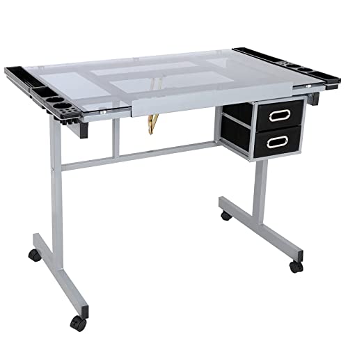 JupiterForce Adjustable Drafting Table Drawing Desk Art Desk Versatile Art Craft Work Station Glass Tabletop w/2 Slide Drawers and Wheels for Reading, Writing, Painting Home Office
