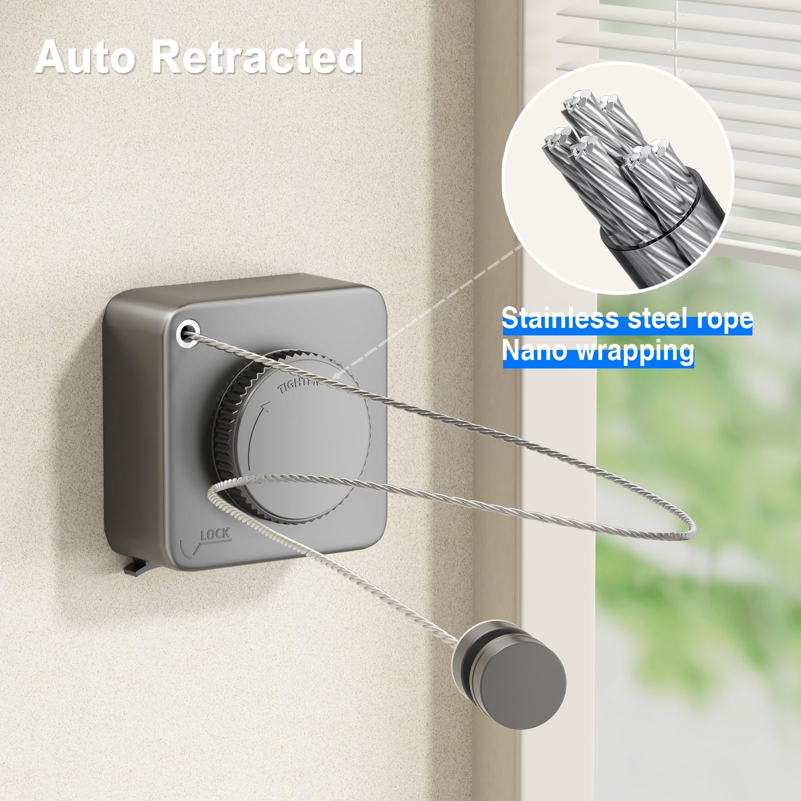 MUSTORN Retractable Clothesline Indoor, Non-Sagging Outdoor Clothes Line Retracting Heavy Duty Clothes Drying Laundry Line Wall Mounted Stainless Steel Line-15.1 Feets(Square-Grey)