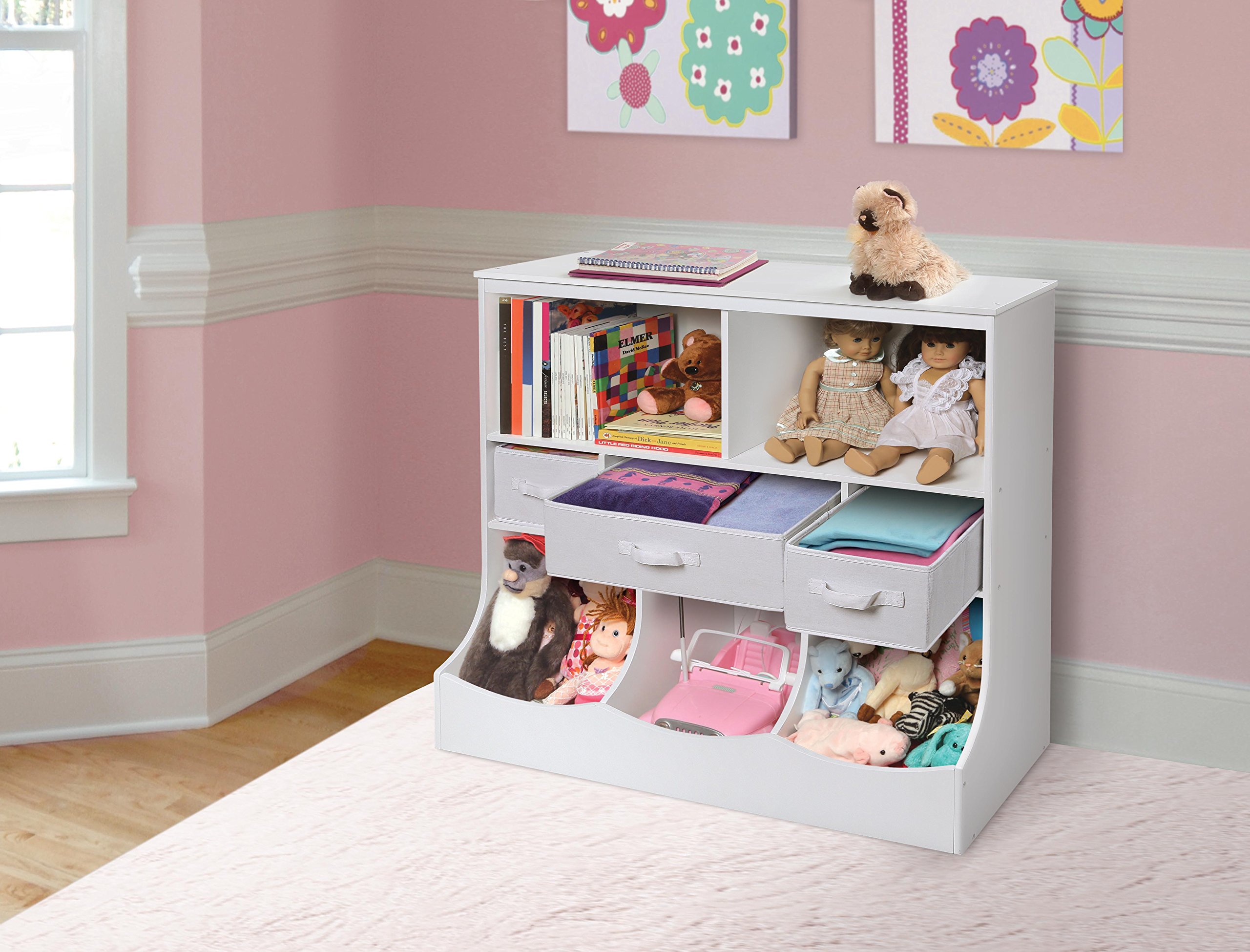 Badger Basket Combo Bin Toy Storage Unit and Book Shelf for Kids with 3 Baskets - White