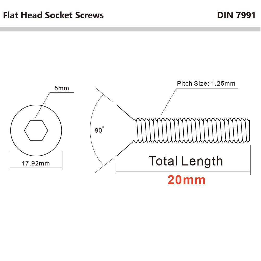 M8-1.25 x 20mm Flat Head Socket Cap Screws Countersunk Bolts, Alloy Steel Grade 10.9, Fully Threaded, Allen Socket Drive, 25 PCS